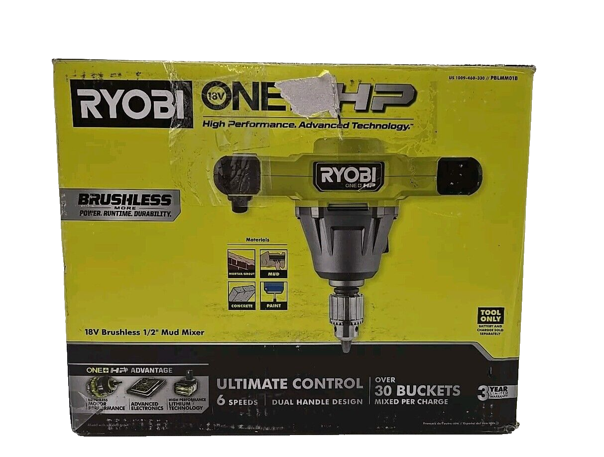 RYOBI PBLMM01B ONE+ 18V HP 1/2in Brushless Cordless Mud Mixer TOOL ONLY ...