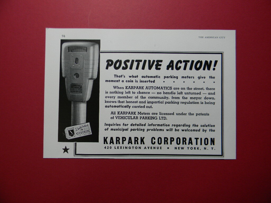 1940 KARPARK AUTOMATIC PARKING METERS "POSITIVE ACTION!" SALES ART AD ...