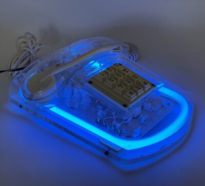 Neon Blue Push Button Phone 1980s ROXANNE 9221-8 Clear Lucite Light Up ...