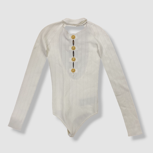 $1770 Balmain Women's White Button-Front Open Back Long Sleeve Bodysuit ...