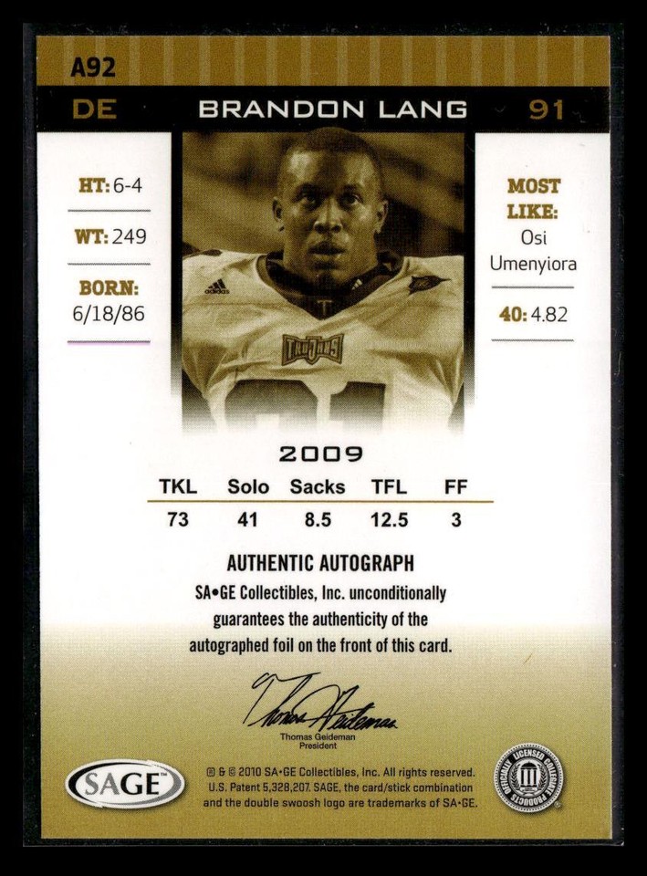 2010 SAGE HIT #A92 Brandon Lang Autographs Silver | eBay