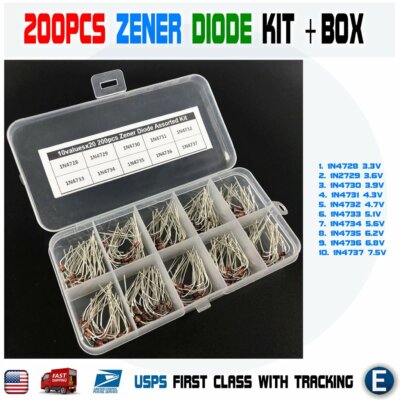 200pcs Zener Diode Assortment Kit + Box 3.3 3.6 3.9 4.3 4.7 5.1 5.6 6.2 ...