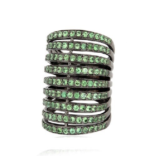 Tsavorite Handmade Designer Multiband Ring 925 Sterling Silver Pave ...