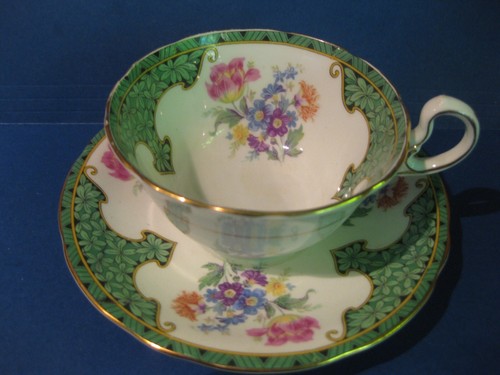 AYNSLEY GREEN & FLORAL PATTERN TEA CUP AND SAUCER | eBay