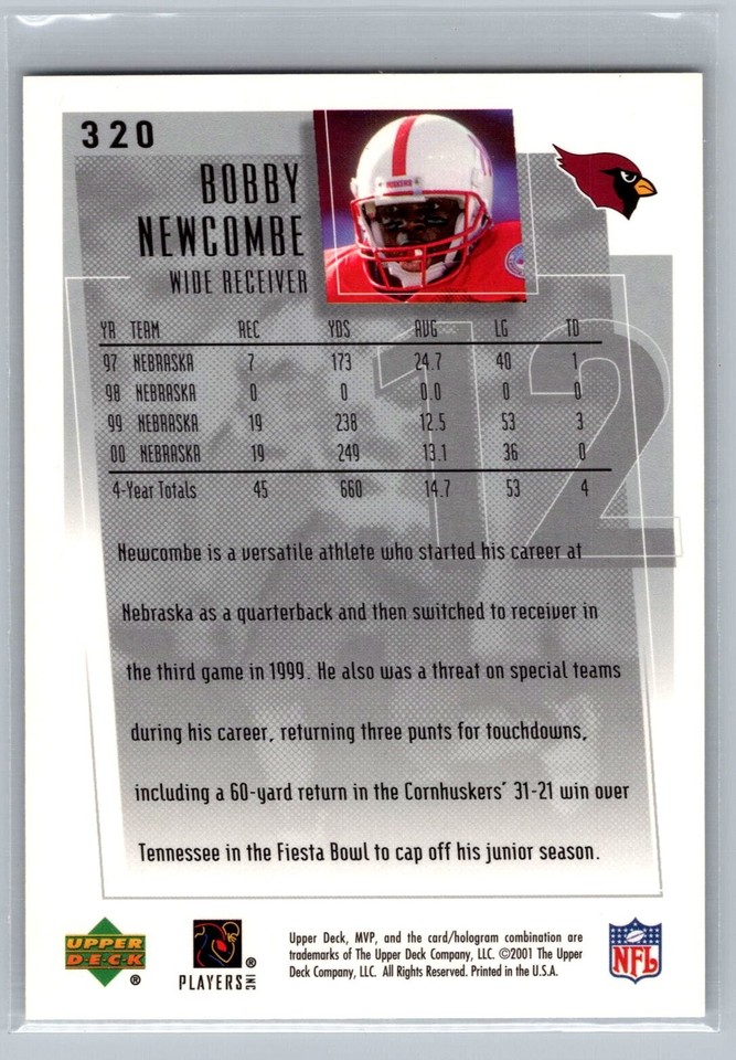 2001 UPPER DECK ROOKIE CARD # 320 Bobby Newcombe - Arizona Cardinals | eBay