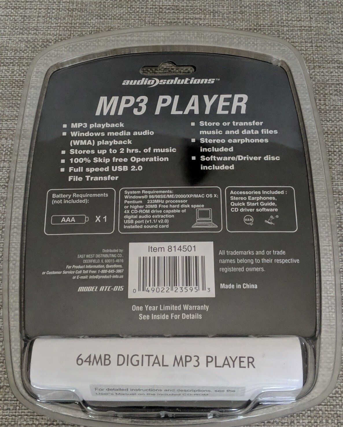 Audio Solutions Personal Mp3 Player 64mb Plug & Play Built in Memory ...