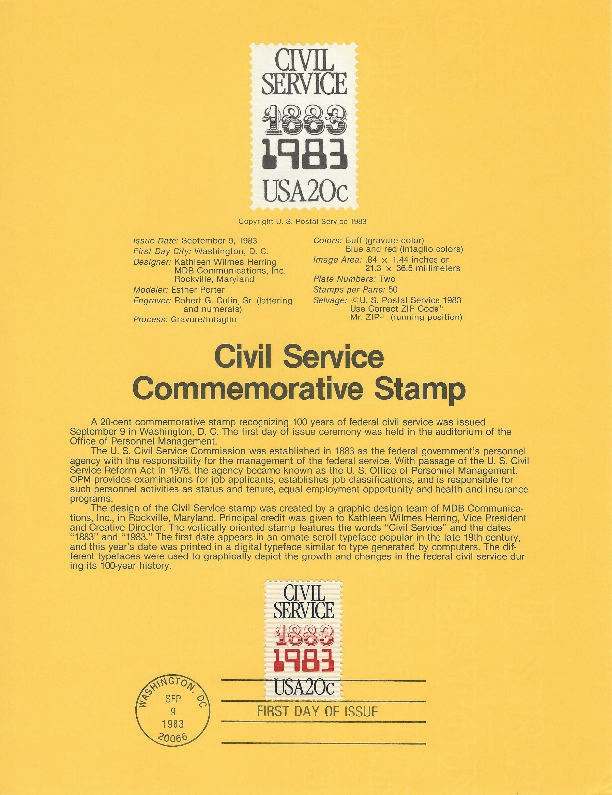 USPS Souvenir First Day Of Issue Commemorative Stamp 9/9/83 Civil ...