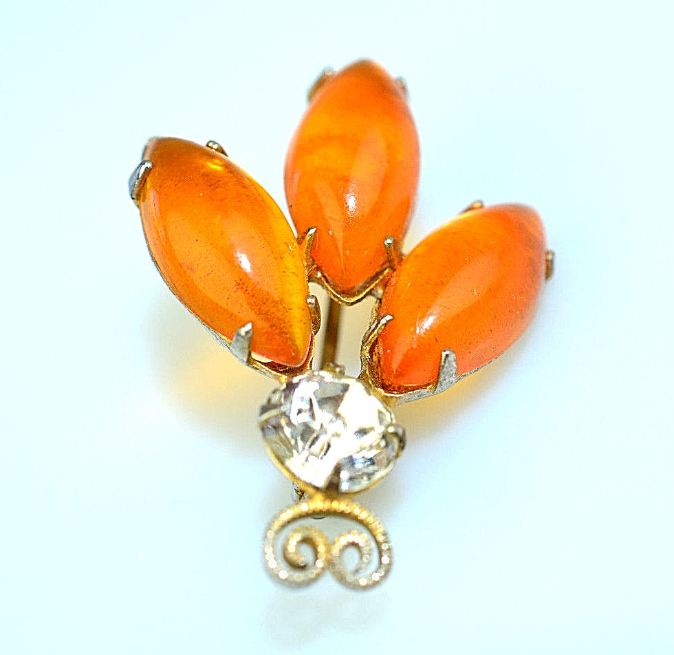 VINTAGE GENUINE AMBER PIN WITH 3 MARQUISE STONES & ONE ROUND RHINESTONE ...