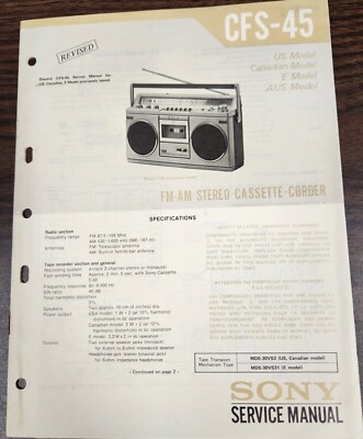Sony CFS-45 AM-FM Stereo Cassette-Corder Service Manual Original | eBay
