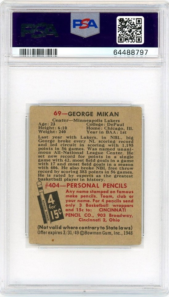 1948 Bowman George Mikan Rookie #69 PSA 3 P1327 | eBay