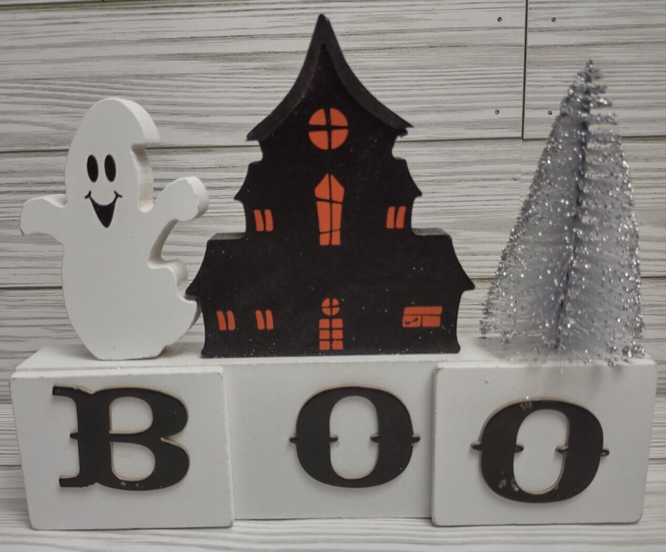 Ghost Boo Halloween Village Decor Wood Haunted House Tinsel Tree ...