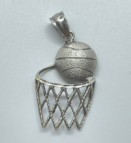 Sterling Silver Basketball Ball Over Net Hoop Charm Pendant Diamond Cut ...