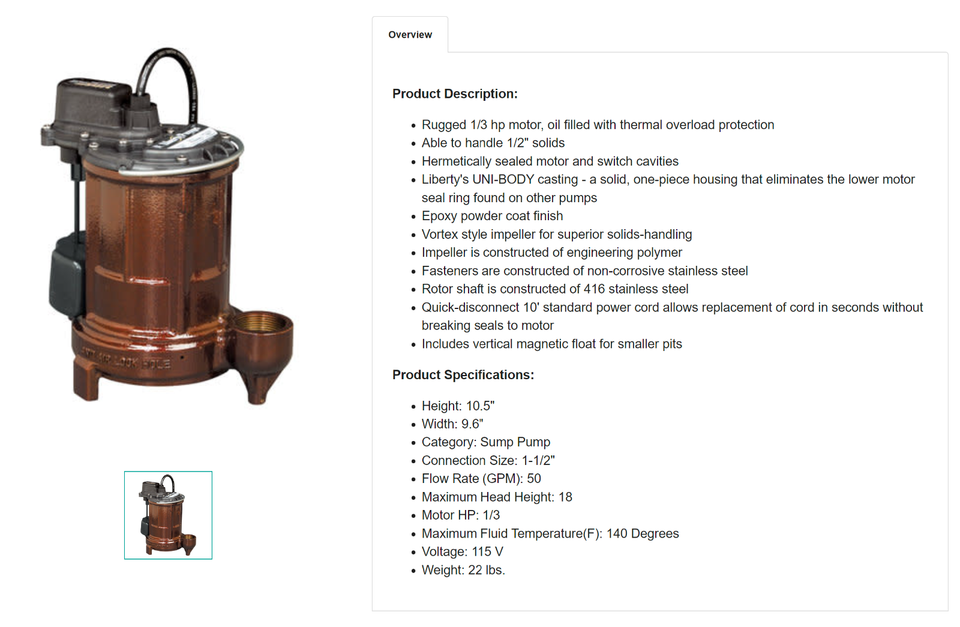 Liberty Pumps 257 1/3 HP Cast Iron Submersible Sump Pump 10 ft Cord NEW ...