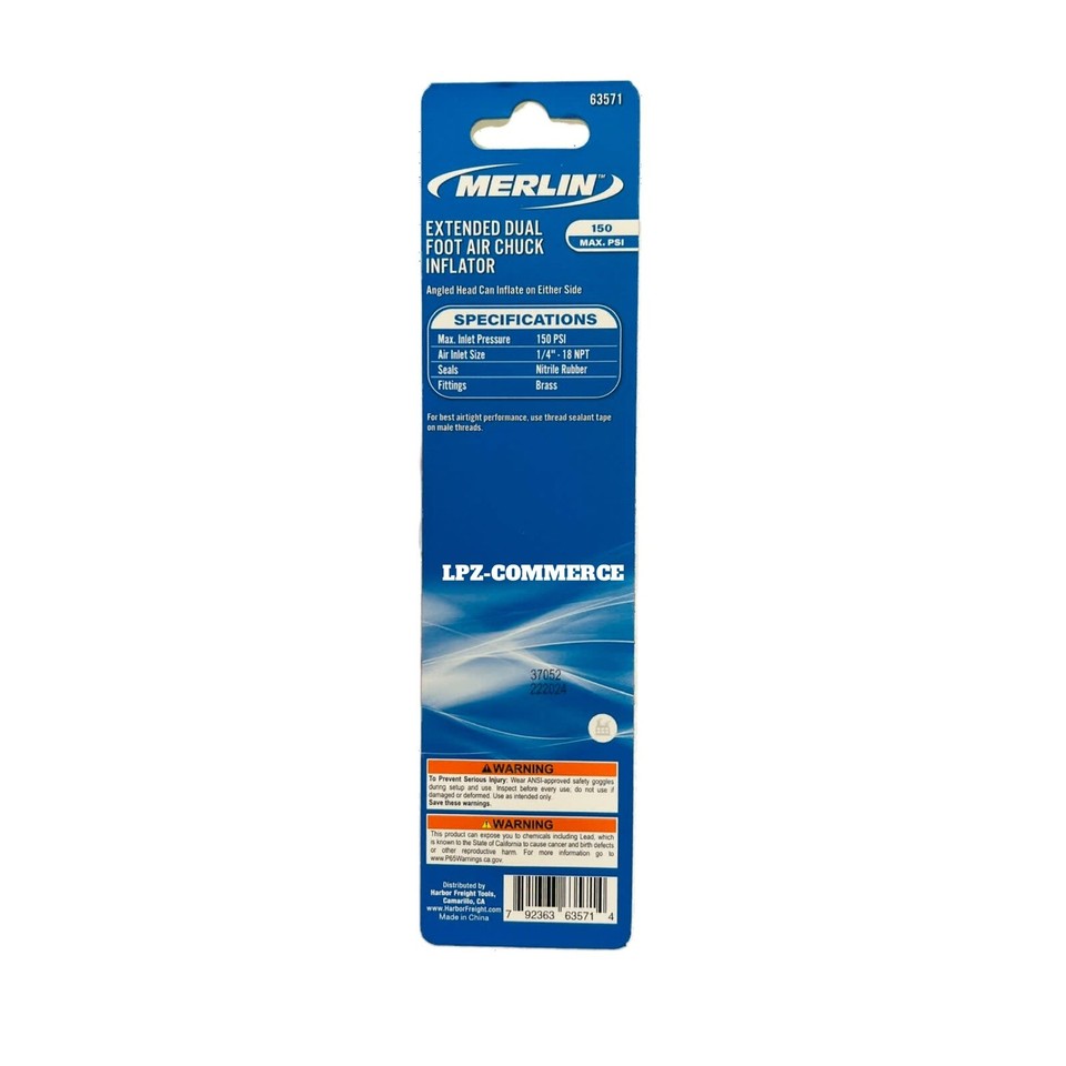 Merlin Extended Dual Port Air Chuck Tire Inflator Gauge 150psi max New ...