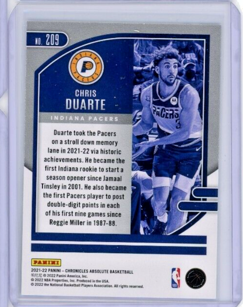 2021-22 Chronicles Absolute #209 Chris Duarte RC - Indiana Pacers ...