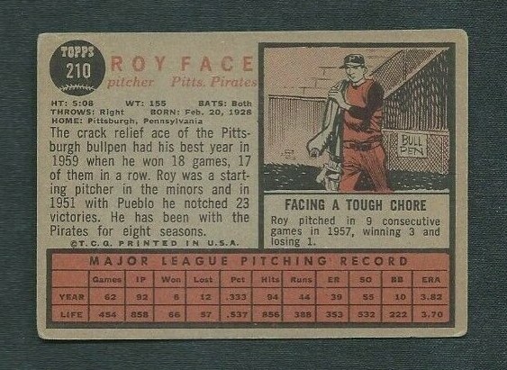 ROY FACE (Pittsburgh Pirates) Signed Autographed 1962 Topps Baseball ...