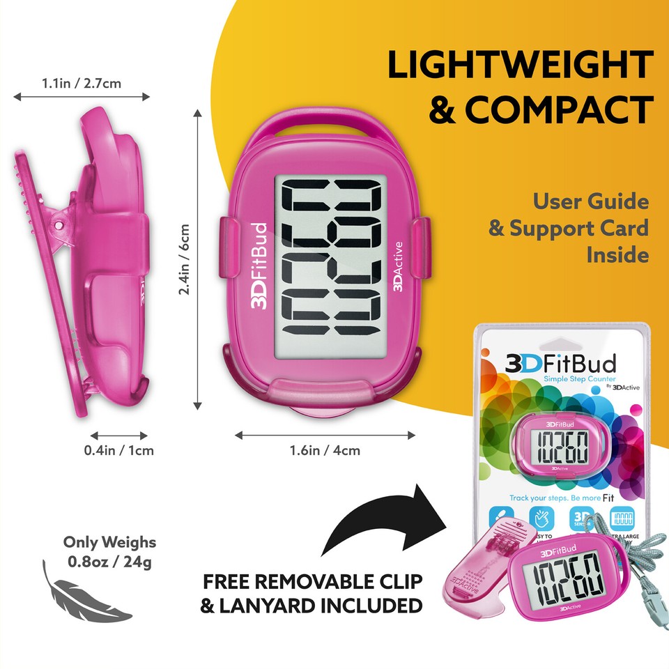 3DFitBud Simple Step Counter Walking 3D Pedometer with Clip and Lanyard ...