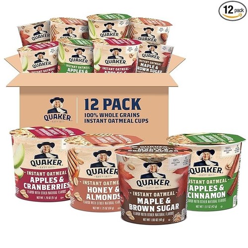 12pk Quaker Instant Oatmeal Express Cups, 4 Flavor Variety Pack, 1.76 ...