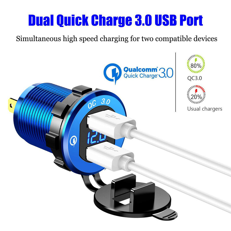 12-24V LED Dual QC3.0 USB Fast Charger Socket Power Outlet Motorcycle ...