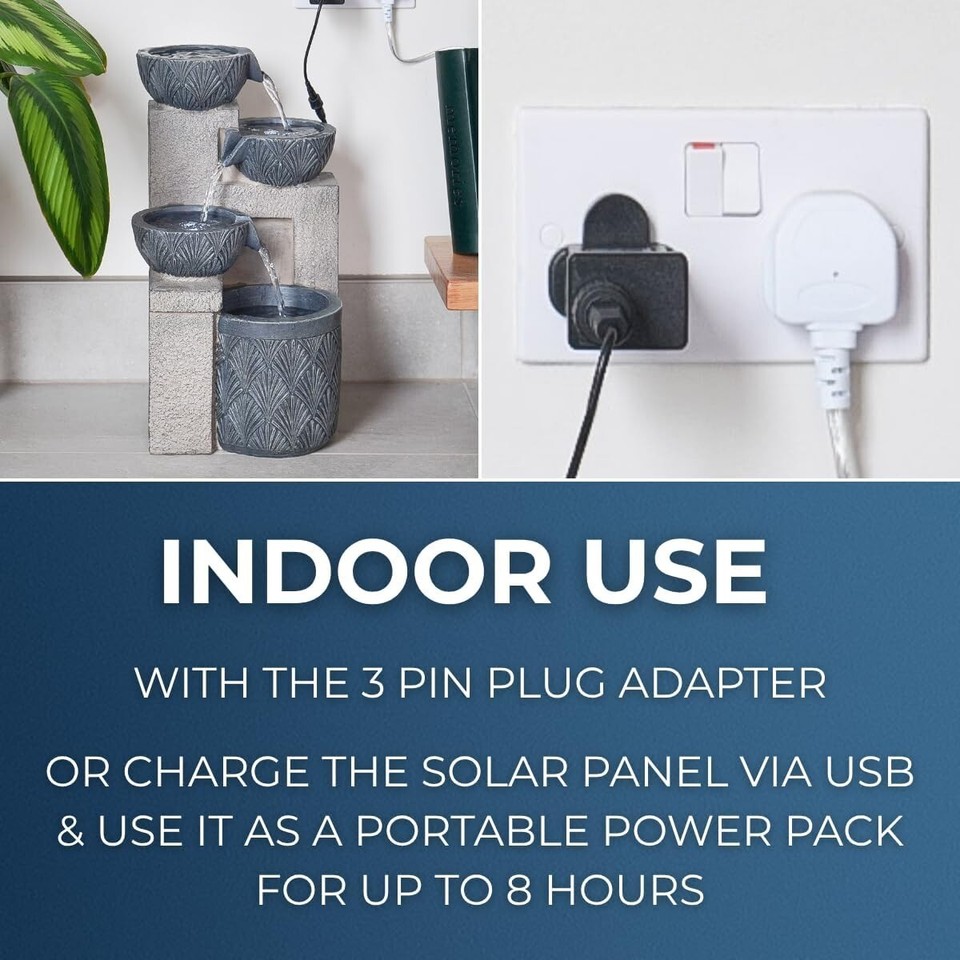 Solar & Mains Power Cascading Bowls LED Lit Timer IP44 Outdoor Water ...