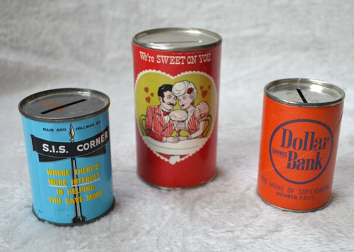 Set of 3 Vintage Promotional Advertising Tin Can Coin Banks Thurmont ...