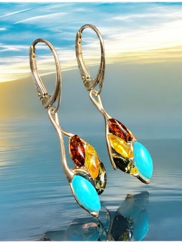 Real Baltic Tri Color Amber & Turquoise Gemstones 925 Sterling Silver ...