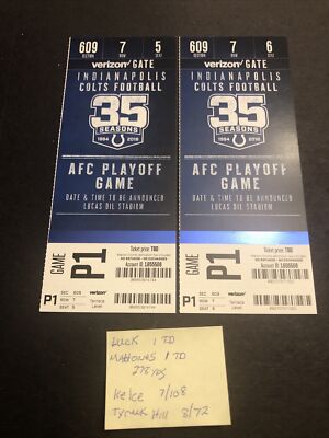 (2) COLTS CHIEFS Playoff Tickets Luck TD Mahones TD Kelce 7/108 Hill 8/ ...