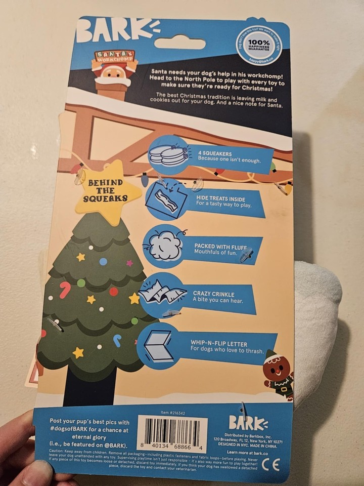 BARK Dog Toy Holiday Santa's Workchomp Letter Fur Santa Dog Plush Toy ...