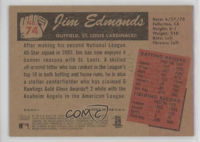 2004 Bowman Heritage Mahogany 8/25 Jim Edmonds #74 0ju2 | eBay