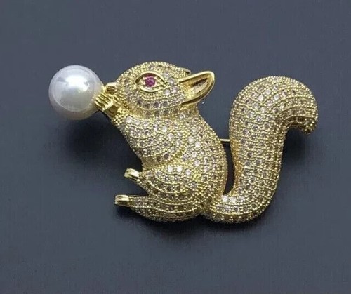 14K Yellow Gold Plated 2.50Ct Round Cut Moissanite Squirrel Brooch Pin ...