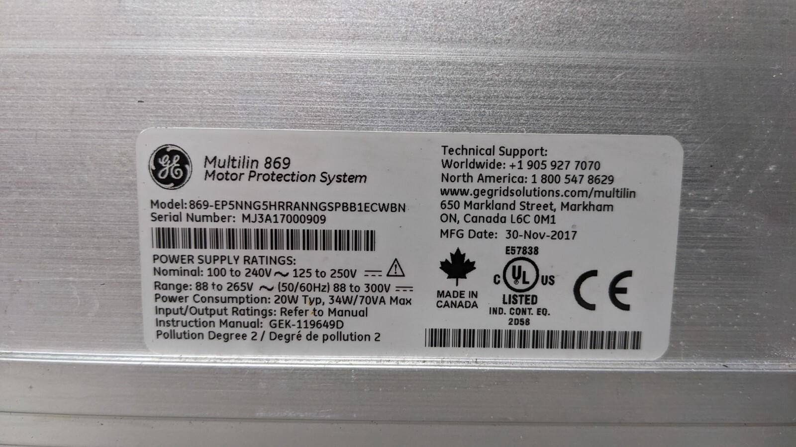 GE Multilin 869 Motor Protection System 869-EP5NNG5HRRANNGSPBB1ECWBN | eBay