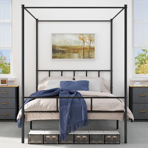 Bed Frame Queen Size Canopy Platform with Metal Slat Mattress Support ...