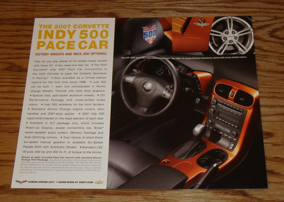 Original 2007 Chevrolet Corvette Pace Car Fact Sheet Sales Brochure 07 ...