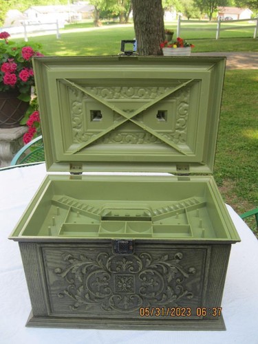 Vintage 1960s Max Klein Green Plastic Faux Wood Sewing Box Chest USA ...