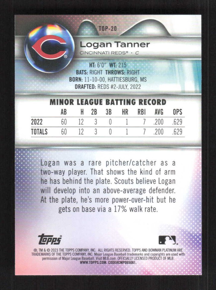Logan Tanner 2023 Bowman Platinum Top Prospects Cincinnati Reds #TOP-20 ...