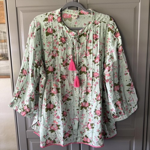 IVY JANE Tuck and Flow Floral Print Peasant Top, Turquoise Pink, XL ...