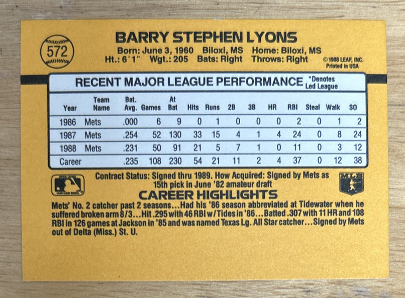 1989 Donruss Barry Lyons Baseball Card #572 Mets Catcher VGEX O/C | eBay