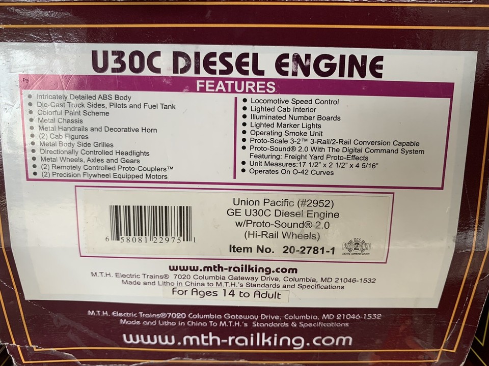 MTH PREMIER UNION PACIFC U30C DIESEL ENGINE PROTOSOUND 2.0 O SCALE | eBay