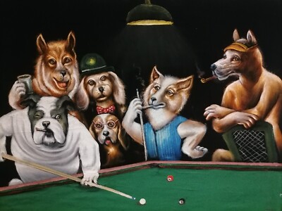 Dogs Playing Pool Oil Paint on Black Velvet Art | eBay