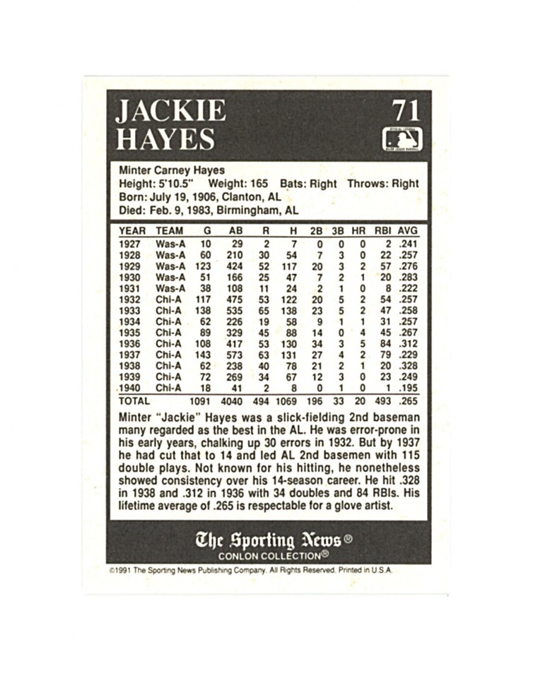 Jackie Hayes Cut Signature 1991 Sporting News Conlon Collection Auto ...