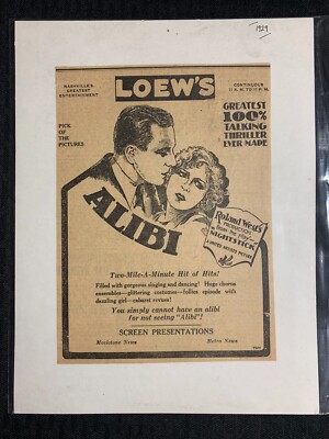 1929 ALIBI 6x8" Movie Print Ad FN 6.0 Roland West / Lowe's Theatre ...