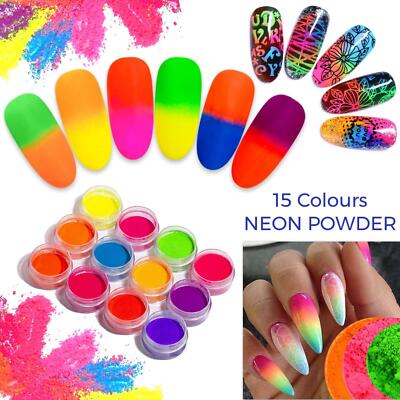 15 COLOURS NEON PIGMENT NAILS POWDER DUST OMBRE PHOSPHOR FLUORESCENT ...