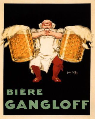 POSTER BIERE GANGLOFF WAITER TWO BIG MUGS OF BEER FRENCH VINTAGE REPRO ...