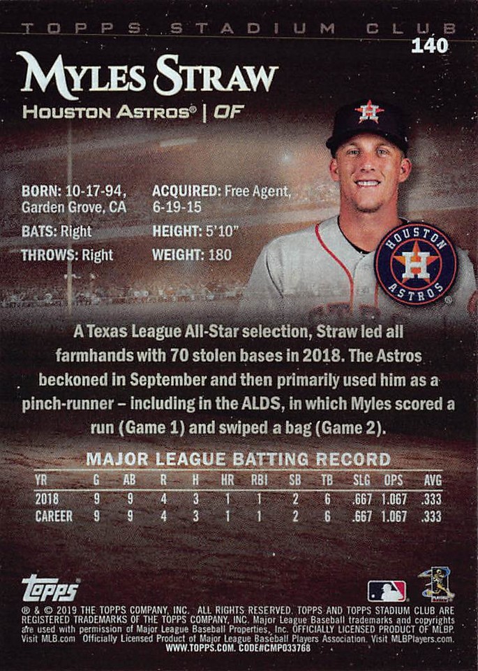 2019 Stadium Club #140 Myles Straw | eBay