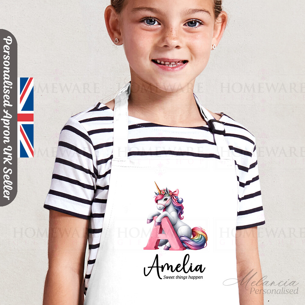 Girls Personalised Apron Unicorns Kids With Name Cook Gift Birthday ...