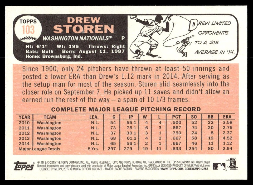 2015 Topps Heritage 103 Drew Storen Washington Nationals Baseball Card ...