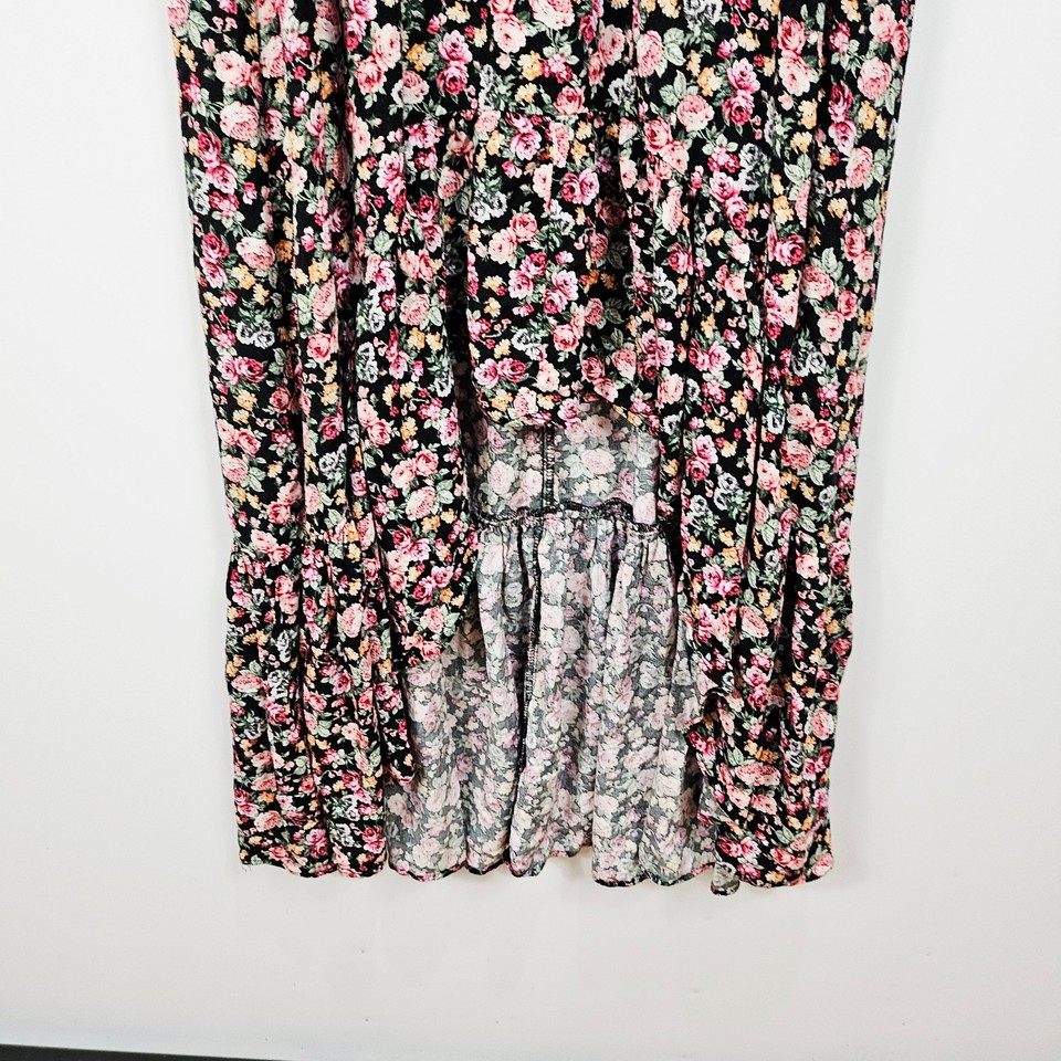 Stradivarius Black Floral Midi Dress V Neck Long Sleeve Ruffle Hem M ...