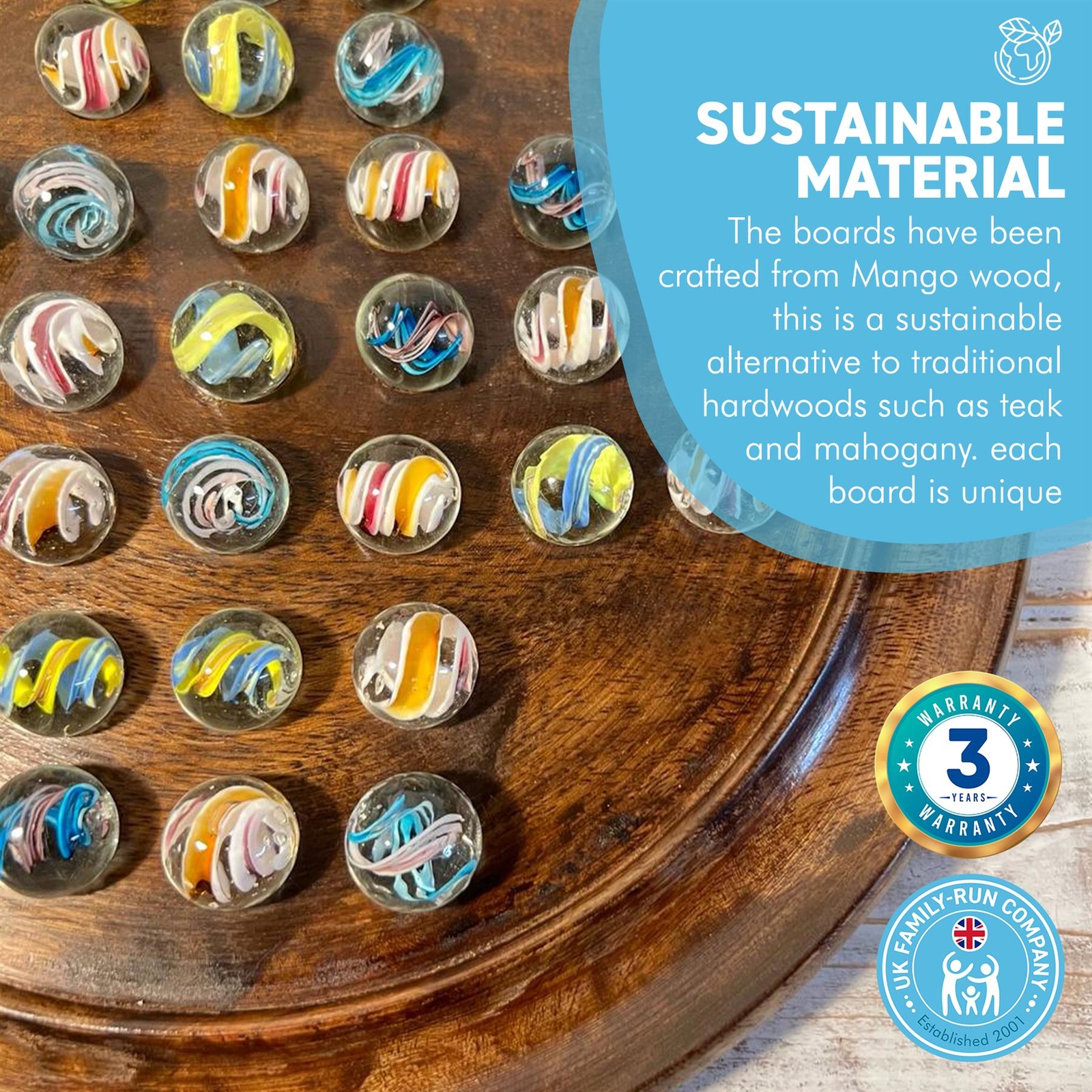 30cm (D) WOODEN SOLITAIRE BOARD GAME with 30mm HELTER SKELTER GLASS ...