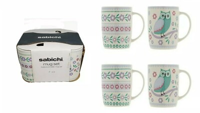 SABICHI 4 PIECE COFFEE MUG SET - OWL AND FOLK DESIGN BONE CHINA UK BNIB ...