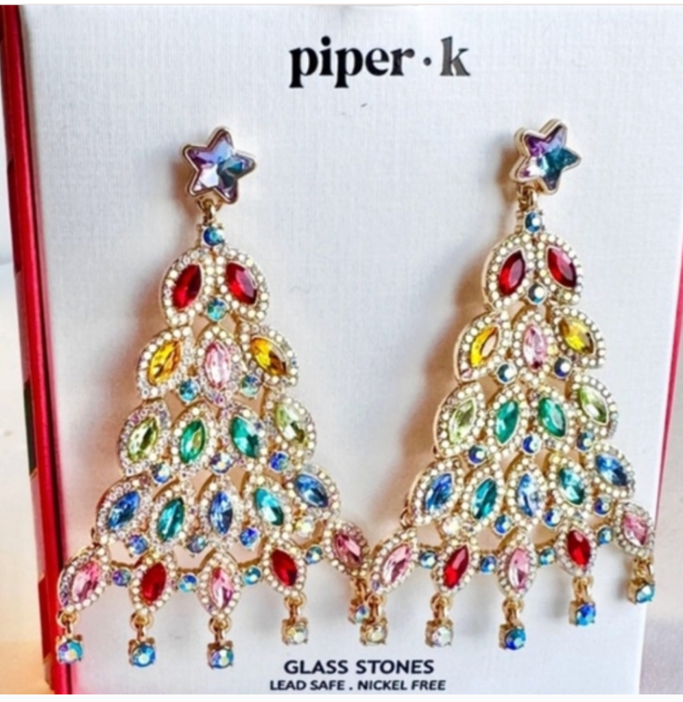 Piper K Gold Tone Christmas Tree Dangle Drop Earrings Glass Crystal ...